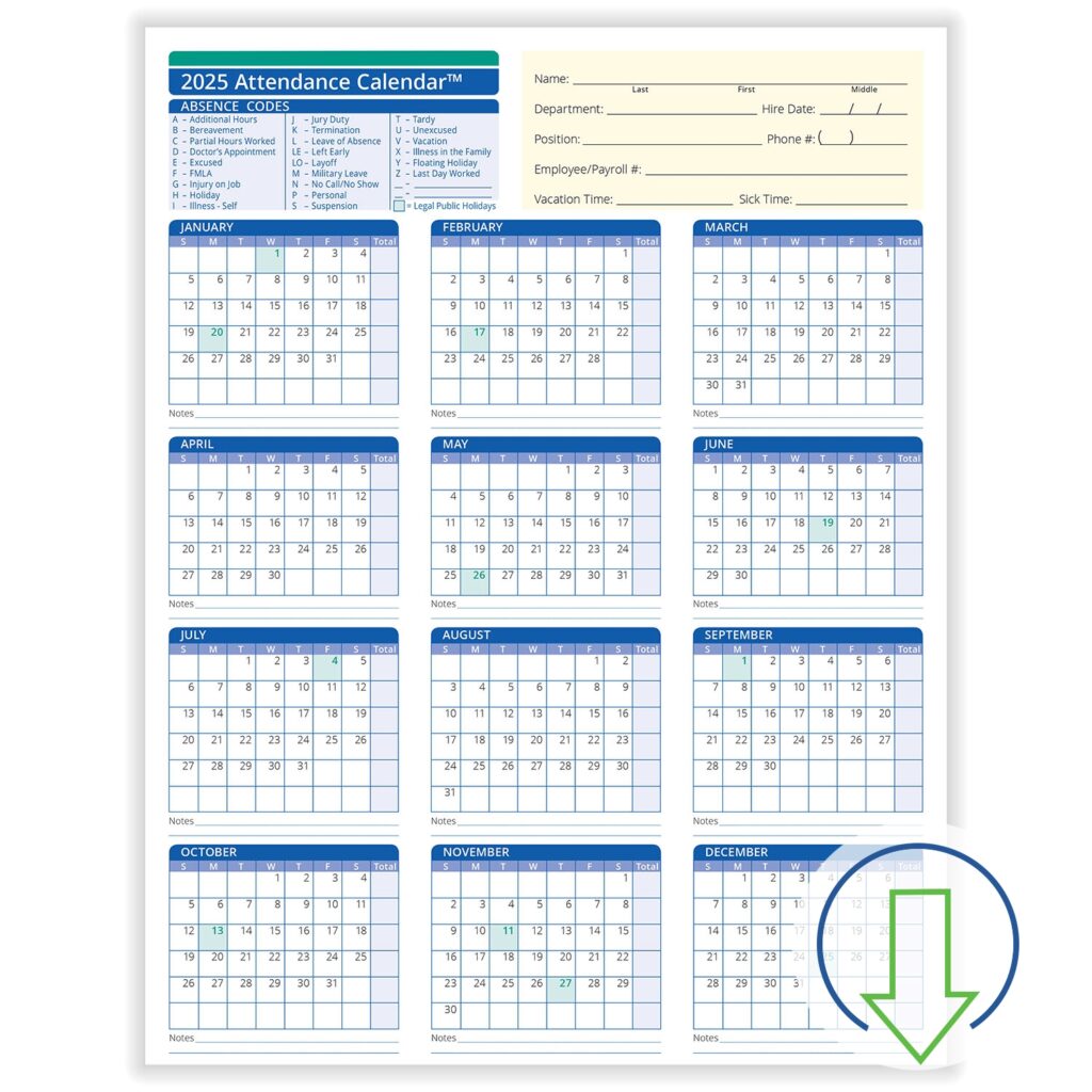 free printable 2025 employee attendance calendar pdf excel - UK ...