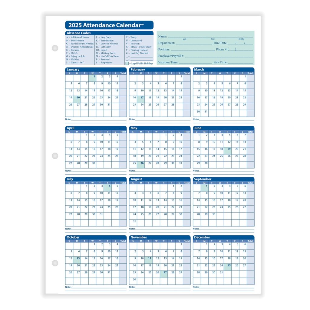 employee attendance calendar 2025 template free printable - UK ...
