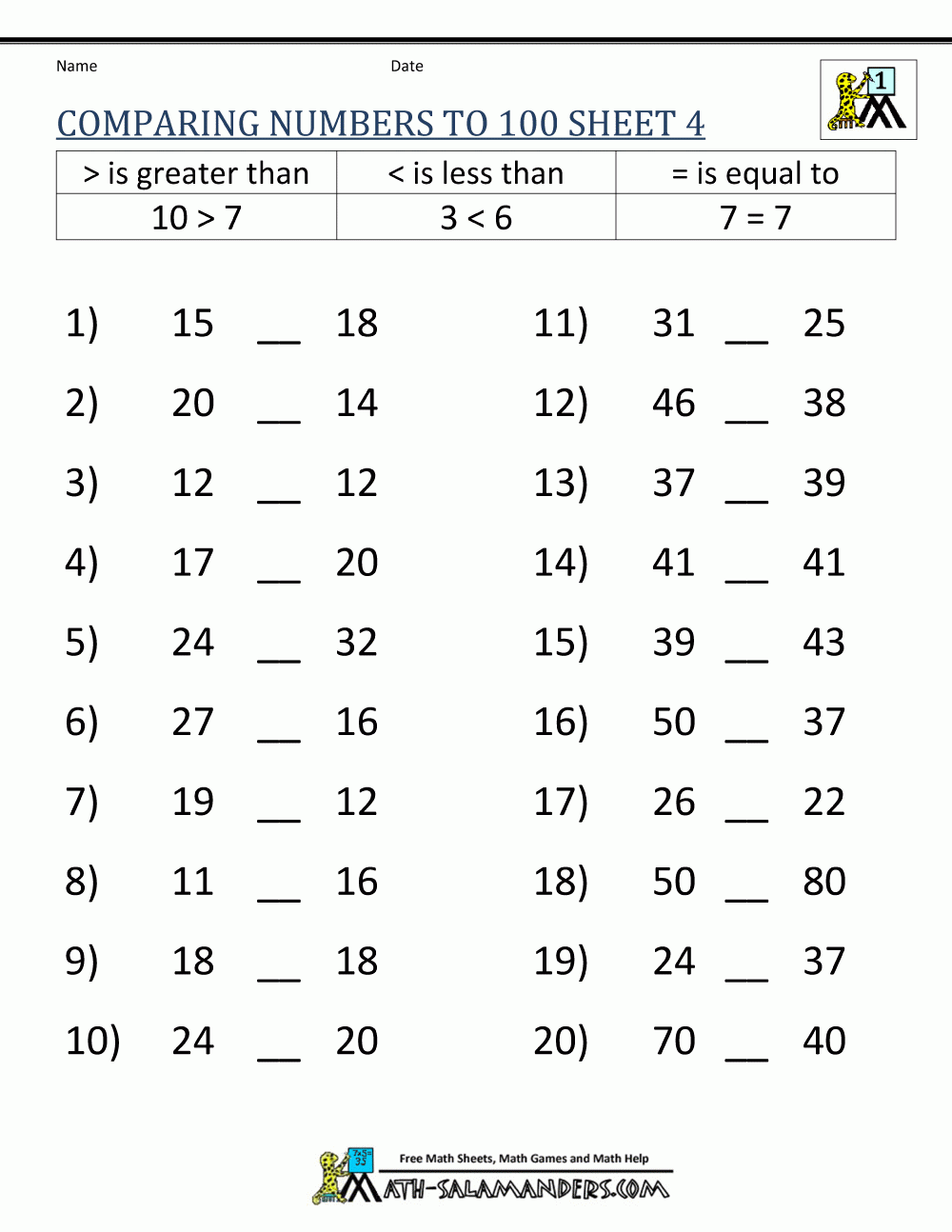 Free Math Comparing Numbers Worksheet - UK Printable Hub